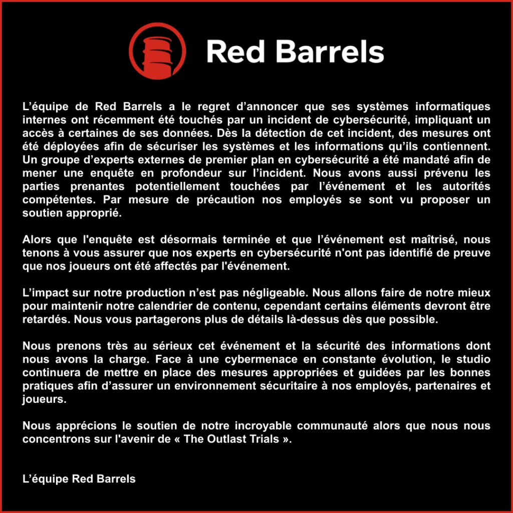 An important message from the Red Barrels Team - Red Barrels