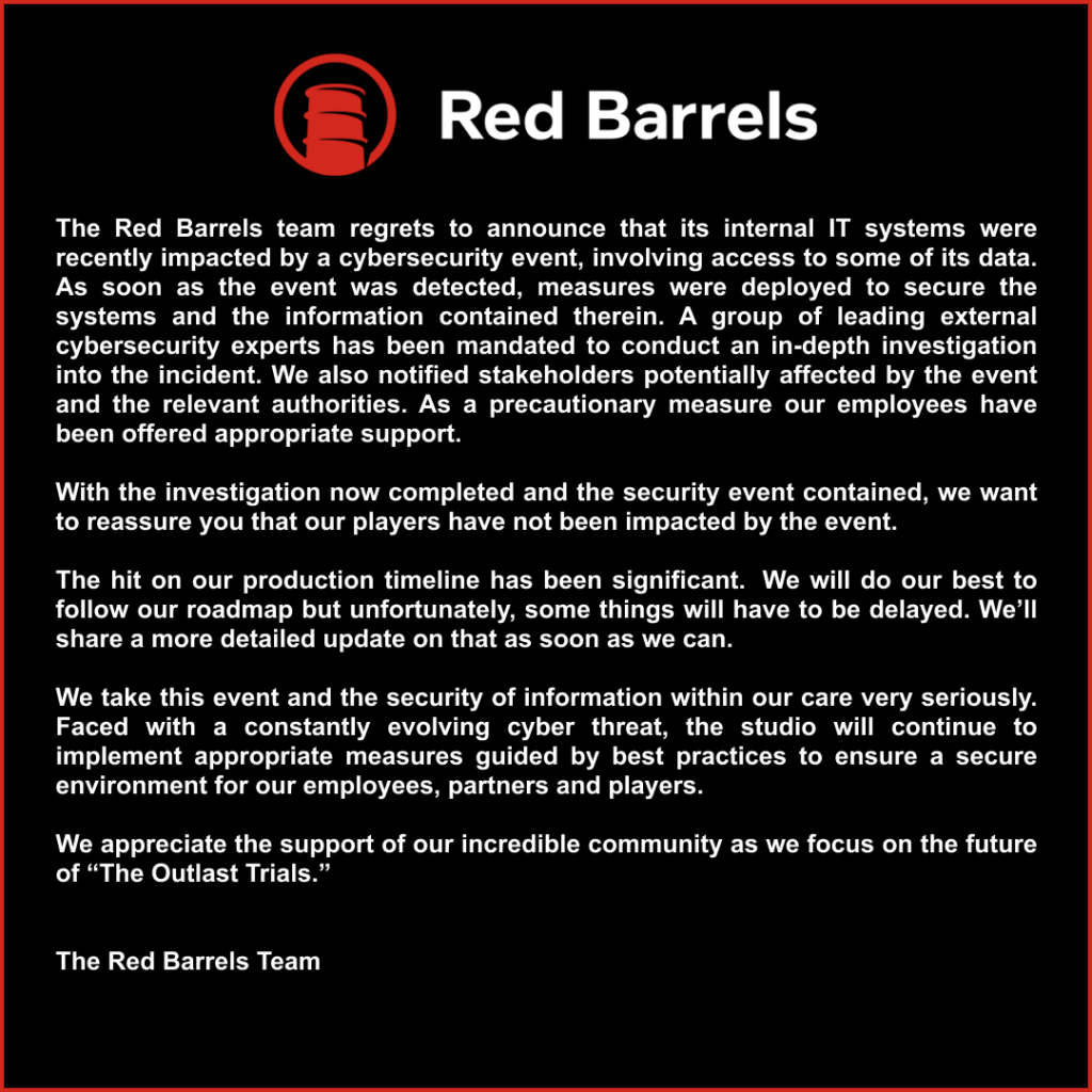 An important message from the Red Barrels Team - Red Barrels